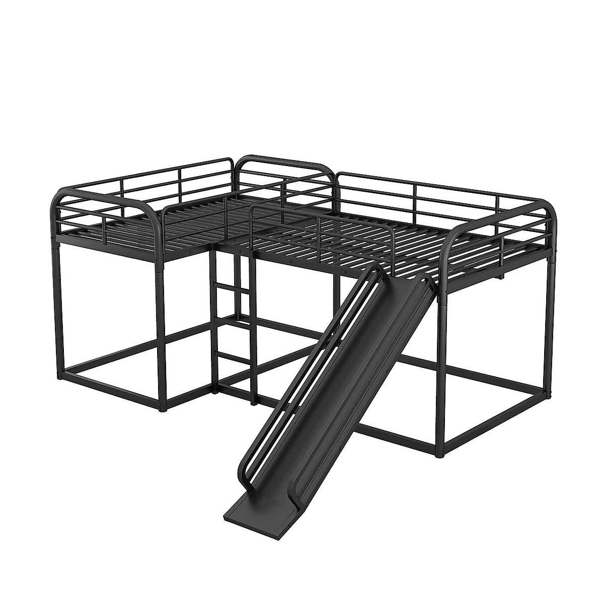 ATY L-Shaped Full and Twin Size Bunk Bed, Metal Bedframe w/Ladder & Slide, for 4 People, Bedroom, Dorm, Guestroom Supplies, Save Space Design, Black