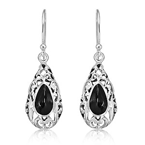 AeraVida Classic Vintage Simulated Black Onyx Filigree Teardrop .925 Silver Earrings, 0.43x1.46 inch | Vintage Earrings for Women | Elegant Black Earrings