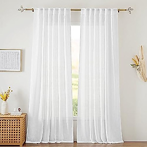 RYB HOME White Curtains Sheer - Linen Texture Semi Sheer Window Covering, Light & Airy Privacy Sheer Panels for Bedroom Living Room Patio Glass Door, 52 inch Width x 95 inch Length, Set of 2