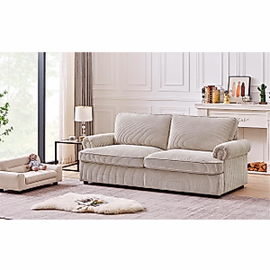 Reversible Sleeper Sofa Bed with Comfortable Memory Foam Mattress, Convertible Full Size Pull Out Couch for Living Room, Space Saving Furniture, Upholstered in Corduroy Fabric, 70" Wide, Ivory