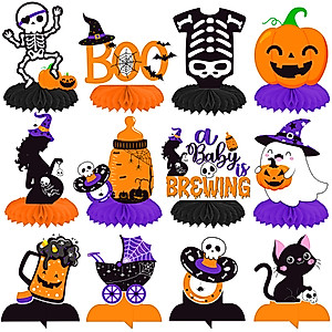 Halloween Baby Shower Honeycomb Centerpieces 14Pcs A Baby is Brewing Baby Shower Decorations Halloween Ghost Pumpkin Table Centerpieces for Gender Reveal Party Supplies