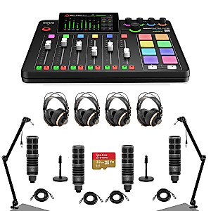 Rode RODECaster Pro II Integrated Audio Production Studio Console Bundle with 4x Cardioid Dynamic Broadcast Microphone, 4x Headphones, 2x Broadcast Arm, 2x Mic Stand, 4x Cable, 32GB Memory Card