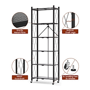 ALANNG 73.6 Inch Folding Bookshelf, 6 Tier Metal Bookcase and Bookshelves, Tall Shelves for Living Room Office Bedroom, Heavy Duty Book Shelve Free Standing Open Bookshelve (Black, 2PACK)