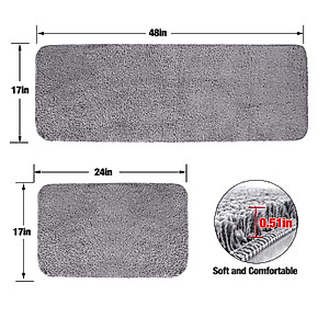 Kitchen Rugs, Anti-Slip Kitchen Rugs and Mats, 2 Pcs Kitchen Mats for Floor, Washable Rug for Kitchen, 17"x48"+17"x24", Grey