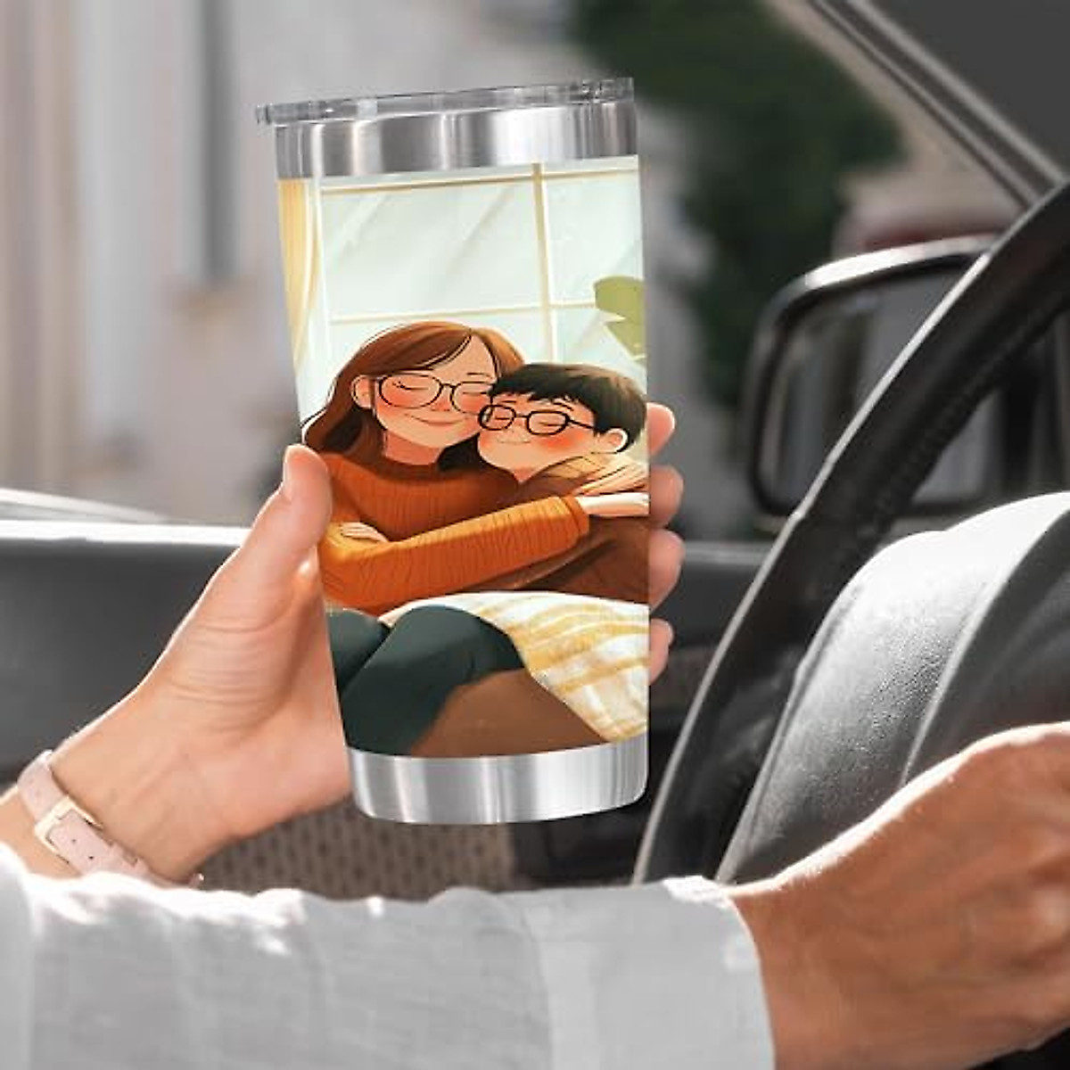 FOCIUZTA 20oz Warm Illustration Hugging Scene Tumbler with lid, Travel Coffee Cup, Ideal for Easter, Mother Day, and birthday gifts