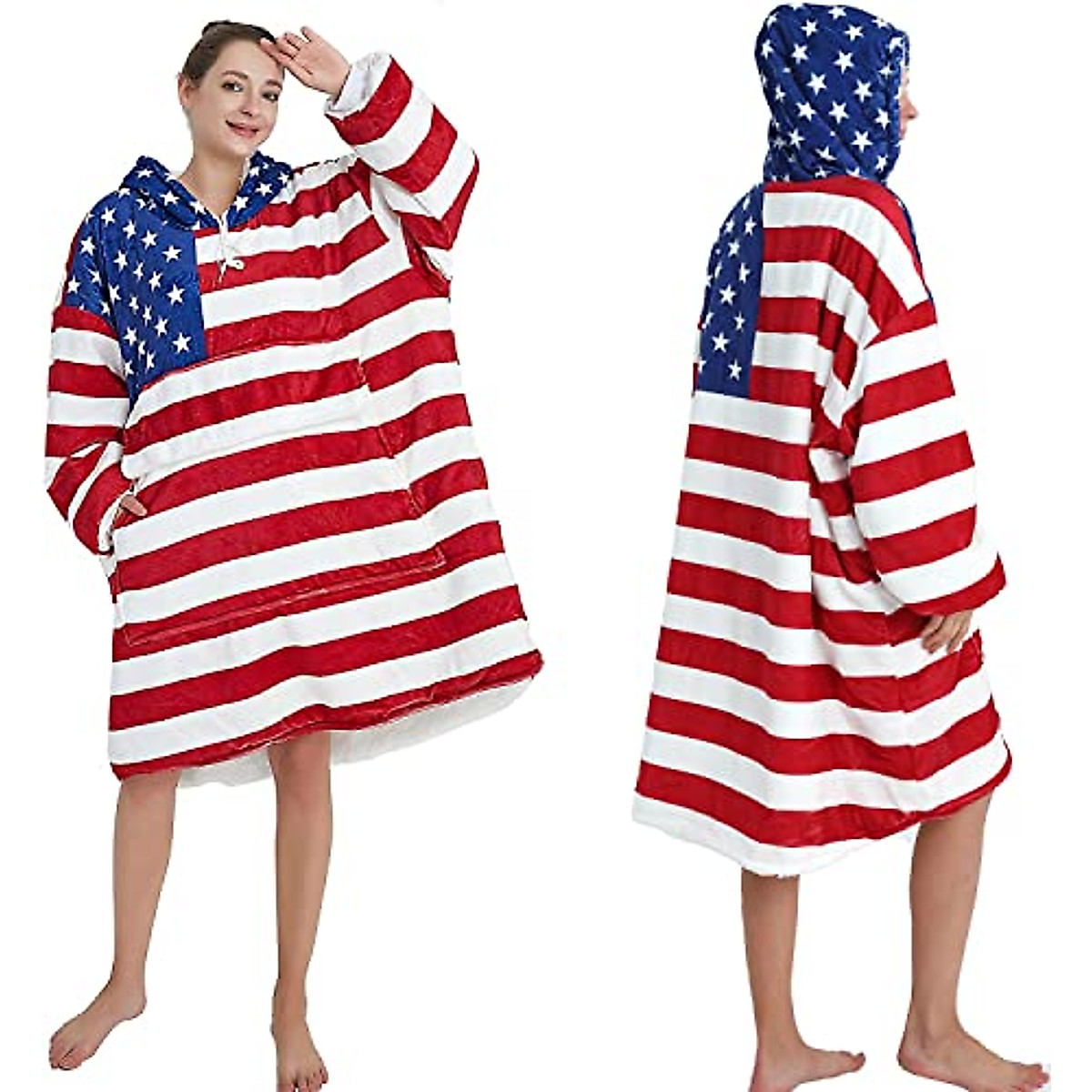 BYF American Flag Blanket Hoodie for Women Men Oversized Wearable Blanket Sweatshirt, Super Warm Sherpa Hooded Blanket for Adults Cozy Thick Flannel Blanket Hoodie with Sleeves and Giant Pocket