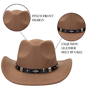 Men Women Felt Wide Brim Vintage Western Cowboy Hats Pinch Front Cowgirl Hat with Belt Khaki