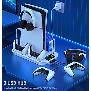 PS5 Slim Stand and Cooling Station with Controller Charging Station for Playsation 5 Slim/PS5 Disc Digital Console, PS5 Accessories Incl. 3 Levels Cooling Fan, 13 Game Slots, 3 USB HUB, Headset Holder