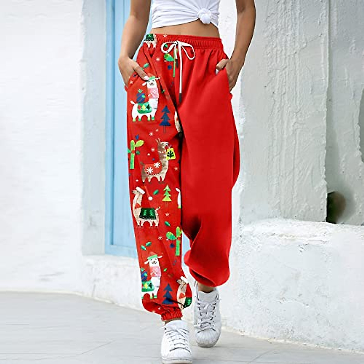 Womens Cargo Sweatpants,High Waisted Sweatpants for Women Christmas Print Elastic Waisted Workout Jogging Drawstring Casual Baggy Workout Pants Santa Claus Graphic Print U XL