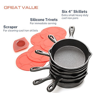 KUHA Mini Cast Iron Skillets 4” - 6-Pack of Pre-Seasoned Miniature Skillets - with 6 Small Silicone Trivets and Cast Iron Scraper