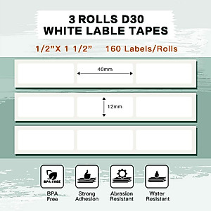 Phomemo D30 Adhesive White Label Paper 1/2" X 1 1/2" (12mm X 40mm) 160 Labels/Roll, Black on White, 3 Roll, for Home Office School Organization, Gift for Decoration, Compatible with D30 Label Maker