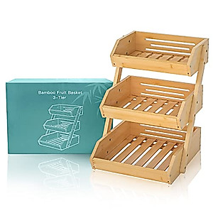 G.a HOMEFAVOR Bamboo Fruit Basket, 3 Tier Fruit Holder for Kitchen Countertop, Fruit Organizer for Kitchen Counter, Vegetable Storage Stand, 15 mm Thickness (Self-assembly)