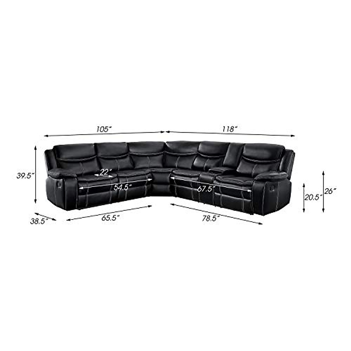 Lexicon Warrenton Leather Gel Matched 3-Piece Sectional Manual Reclining Sofa with Right Console, 105" x 118", Black