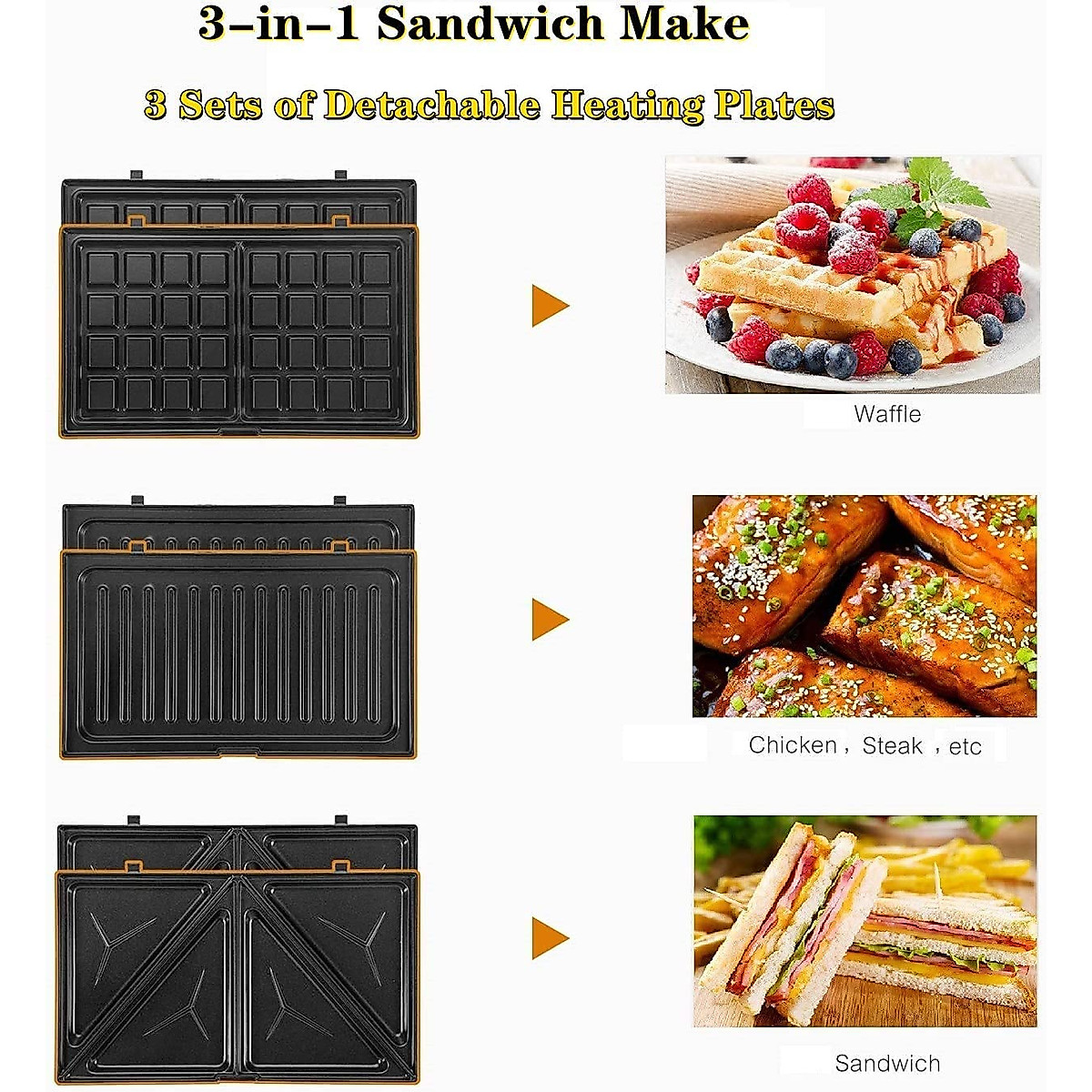 Sandwich Maker, 3 in 1 Waffle Maker, Grill, 750W, LED Indicator Lights, Cool Touch Handle, Anti-Skid Feet, Detachable Non-stick Coating, Easy to Clean,Black.
