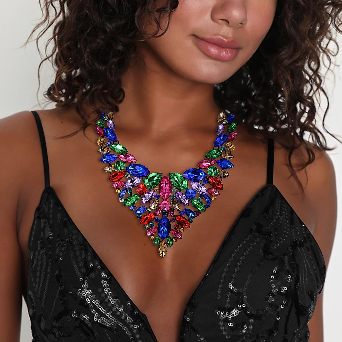Flyonce Rhinestone Chunky Collar Necklace, Multicolor Crystal Costume Statement Jewelry for Women