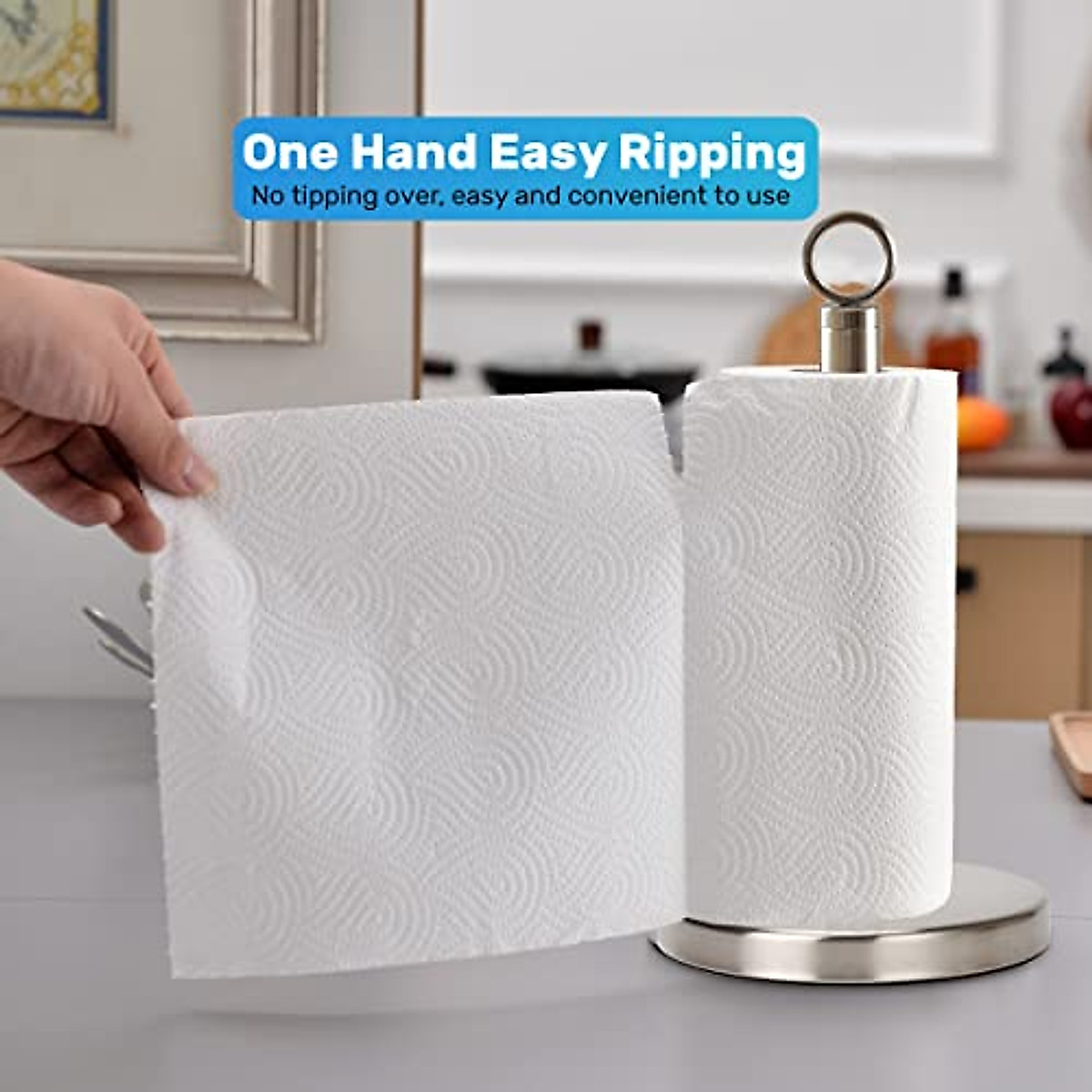 Paper Towel Holder Countertop, Surdy Weighted Base Paper Towel Holder Stand for Kitchen Bathroom with One-Handed Operation (Brushed Nickel)