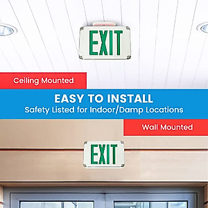 Ciata Green LED Emergency Exit Sign for Fire Escapes, Doors, and Hallways, Indoor and Outdoor Safety, Waterproof Wet Rated, Battery Backup, Universal Wall or Ceiling Mount