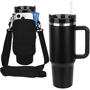 E-Senior 40 oz Tumbler with Handle and Carrier Bag, Stainless Steel Cup Reusable Insulated Coffee Mug,Keep Hot/Cold,Travel Water Bottle with holder For Travel Home, Office (Black)
