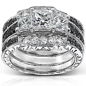 Kobelli Princess Black and White Diamond Bridal Set 1 7/8 Carat (ctw) in 14k White Gold (3-Piece Set), Size 5, White Gold