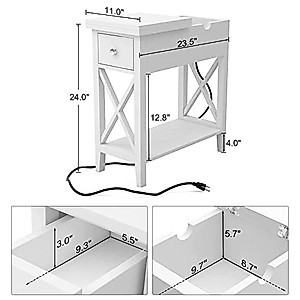 ChooChoo End Table with Flip Top and Charging Station, Narrow Side Table with Storage Cabinet and USB, Skinny Sofa Table with Power Outlet for Living Room Bedroom, White