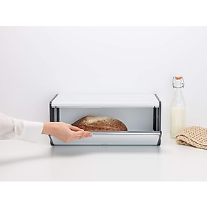 Brabantia Rectangular Fall Front Bread Box (White) Large Front Opening Flat Top Bread Store for Kitchen Counter, Fits 2 Loaves