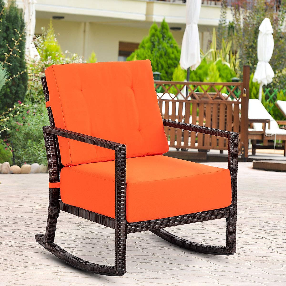 Tangkula (Orange) Rocker, Outdoor Patio Rattan Wicker Rocking Armchair Chair Furniture W/Cushion