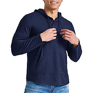 Hanes Men's Originals Lightweight Jersey Hoodie, Cotton Hooded Sweatshirt with Henley Collar, Athletic Navy, Large