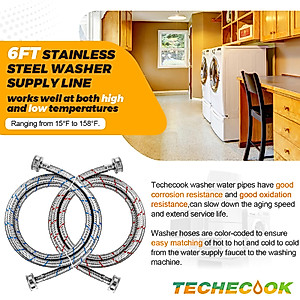 Techecook 6Ft Washing Machine Hoses Stainless Steel Burst Proof Washer Supply Lines- 2Pcs Hot and Cold Washer Hoses- 6Ft Washer Hoses Universal for All Washing Machine Supply Lines- 10 Years Warranty