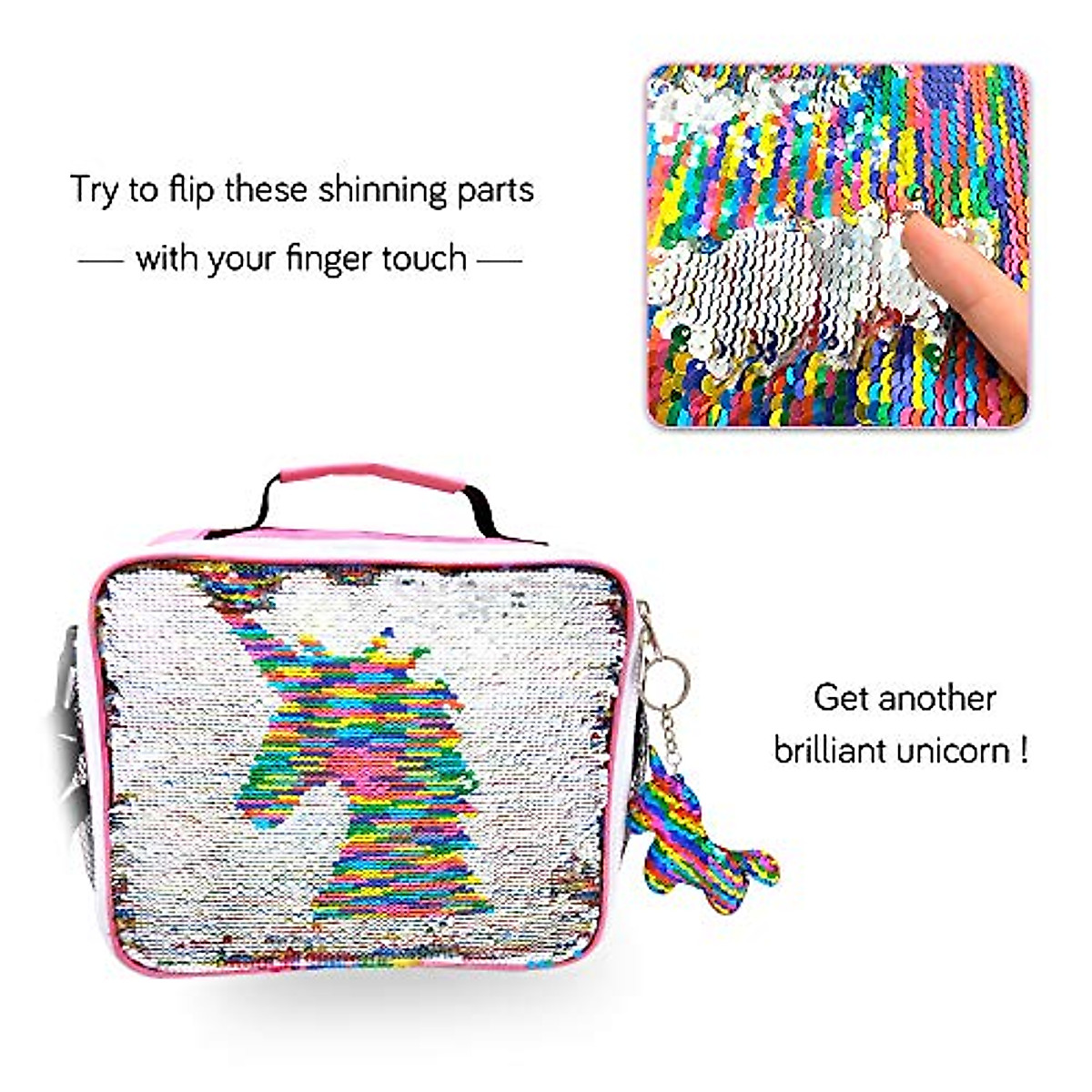 JYPS Insulated Unicorn Lunch Box for Kids, Flip Sequin Girls Tote Lunch Bags with Shoulder Strap, Handheld Reusable Lunch Box Bags Christmas Gifts for Girls at School