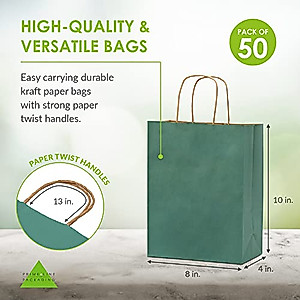 Green Gift Bags - 8x4x10 Inch 50 Pack Small Kraft Paper Shopping Bags with Handles, Craft Totes in Bulk for Boutiques, Small Business, Retail Stores, Birthday Parties, Jewelry, Merchandise, Bulk