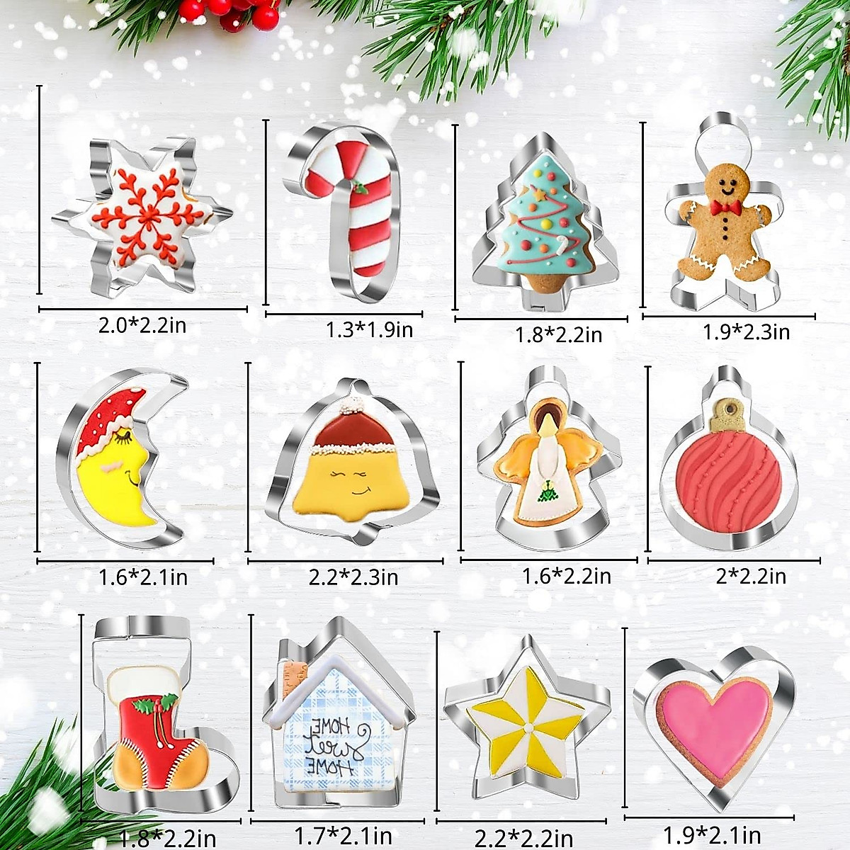 Kaishane Mini Christmas Cookie Cutters Set of 12 - Small Stainless Steel Christmas Biscuit Cutter Snowflake, Bell, Christmas Tree, Star, Moon, Angle, Heart & More Shapes For Holiday Xmas