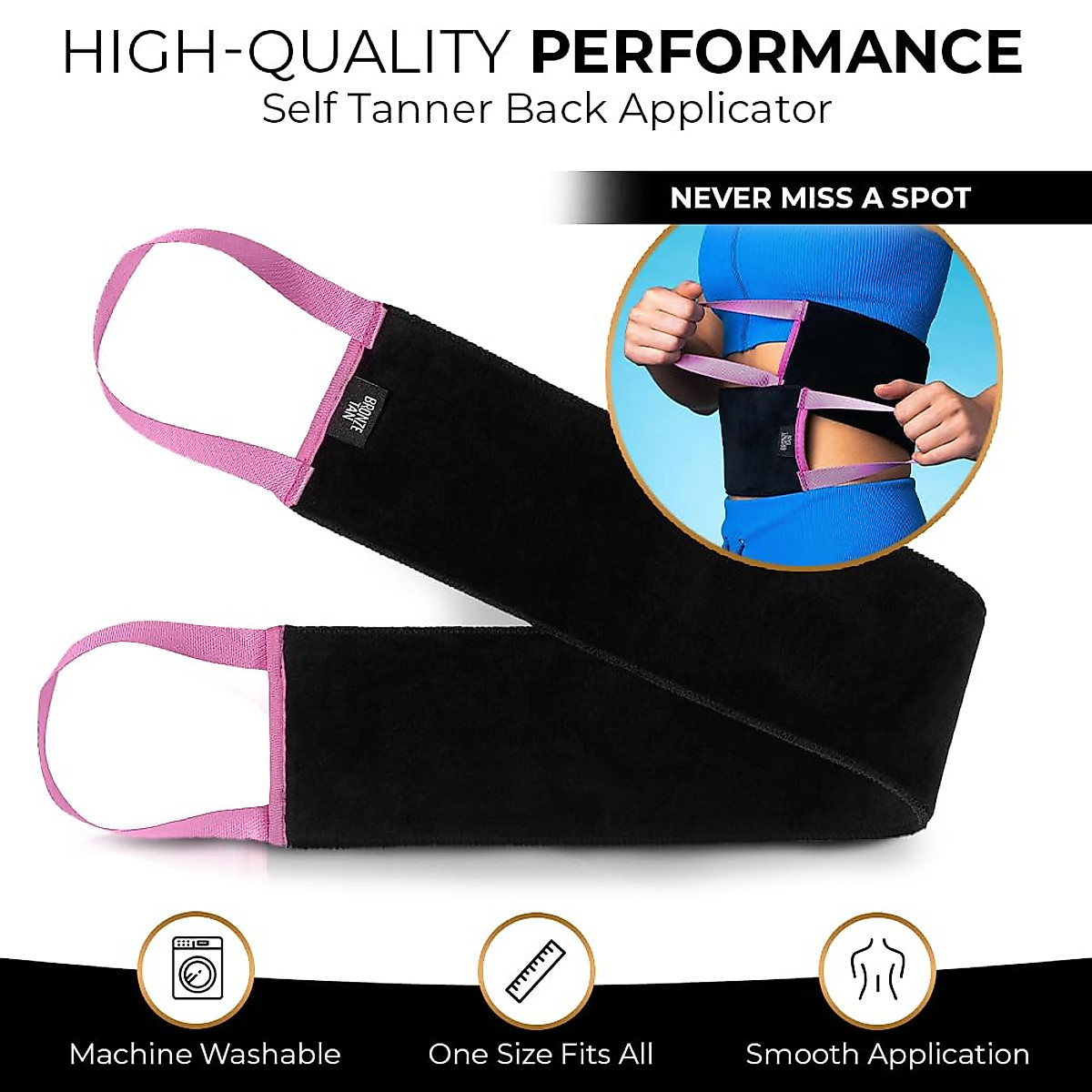 Bronze Tan Self Tanner Back Applicator - Tanning Mitt For Sunless Tanning Mousse or Lotion - Tan your Back Quickly and Easily - Self Tanning Back Applicator - Black with Pink Handles