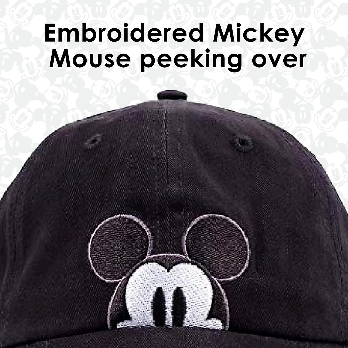 Disney Mickey Mouse Dad Hat, Peek-A-Boo Embroidered Adult Baseball Cap with Comic Strip Print Curved Brim, Black, One Size