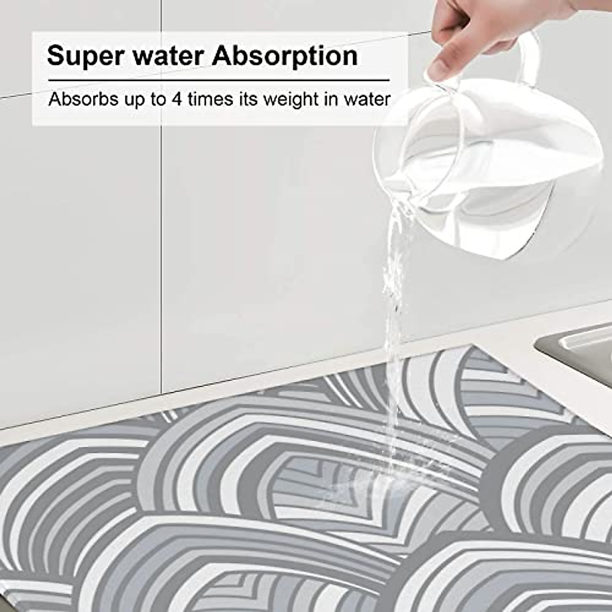 Grey pattern Printed Drying Mat For Kitchen Ultra Absorbent Microfiber Dishes Drainer Mats Non-Slip Silicone Quick Dry Pad - 18 X 16inch