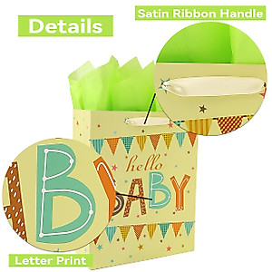 13" Large Light Yellow Gift Bag Set with Greeting Card and Green Tissue Paper(Hello Baby) for Baby Shower,Kids Birthday Party,Baby Boy or Girl, Newborn,New Moms or Parents 10.2”x5.2”x13”, 1 Pcs