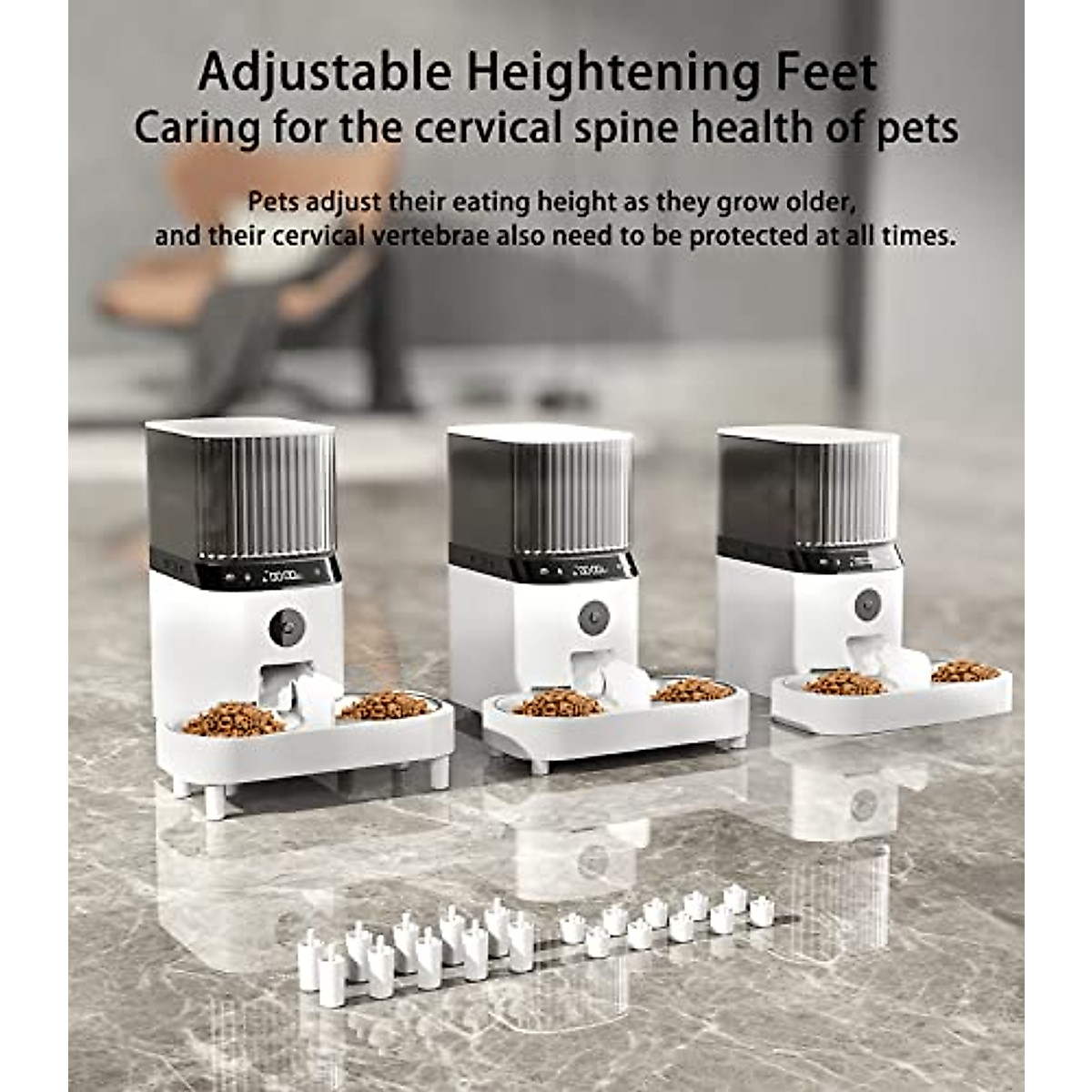 Automatic Cat Feeders with Camera,1080P HD Night Vision 2.4G WiFi 5L Pet Feeder,Height Adjustable Dog Dry Food Dispenser,Two Way Splitter & Three Stainless Bowls,10s Meal Call & Interaction (White)