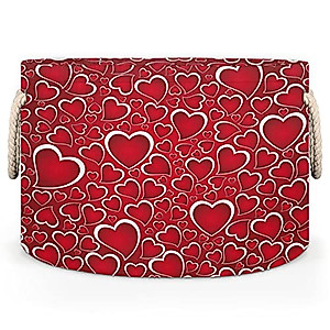 Valentine's Day Red Hearts Large Round Baskets for Storage Laundry Baskets with Handles Blanket Storage Basket for Bathroom Shelves Bins for Organizing Nursery Hamper Girl Boy