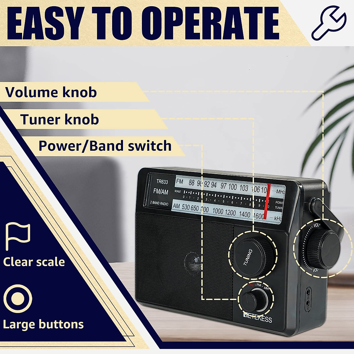 Retekess TR633 AM FM Radios with Best Reception, Portable Radio Plug in Wall, External Antenna Jack, Battery Operated Radio by 4 AA Batteries Or AC Power for Senior, Home