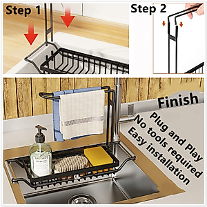 iBigLY Sponge Holder for Kitchen Sink, Telescopic Sink Storage Rack, Expandable (15.5"-21.3") Sink Caddy Organizer with Dishcloth Towel Holder, Stainless Steel Over Sink Holder for Home