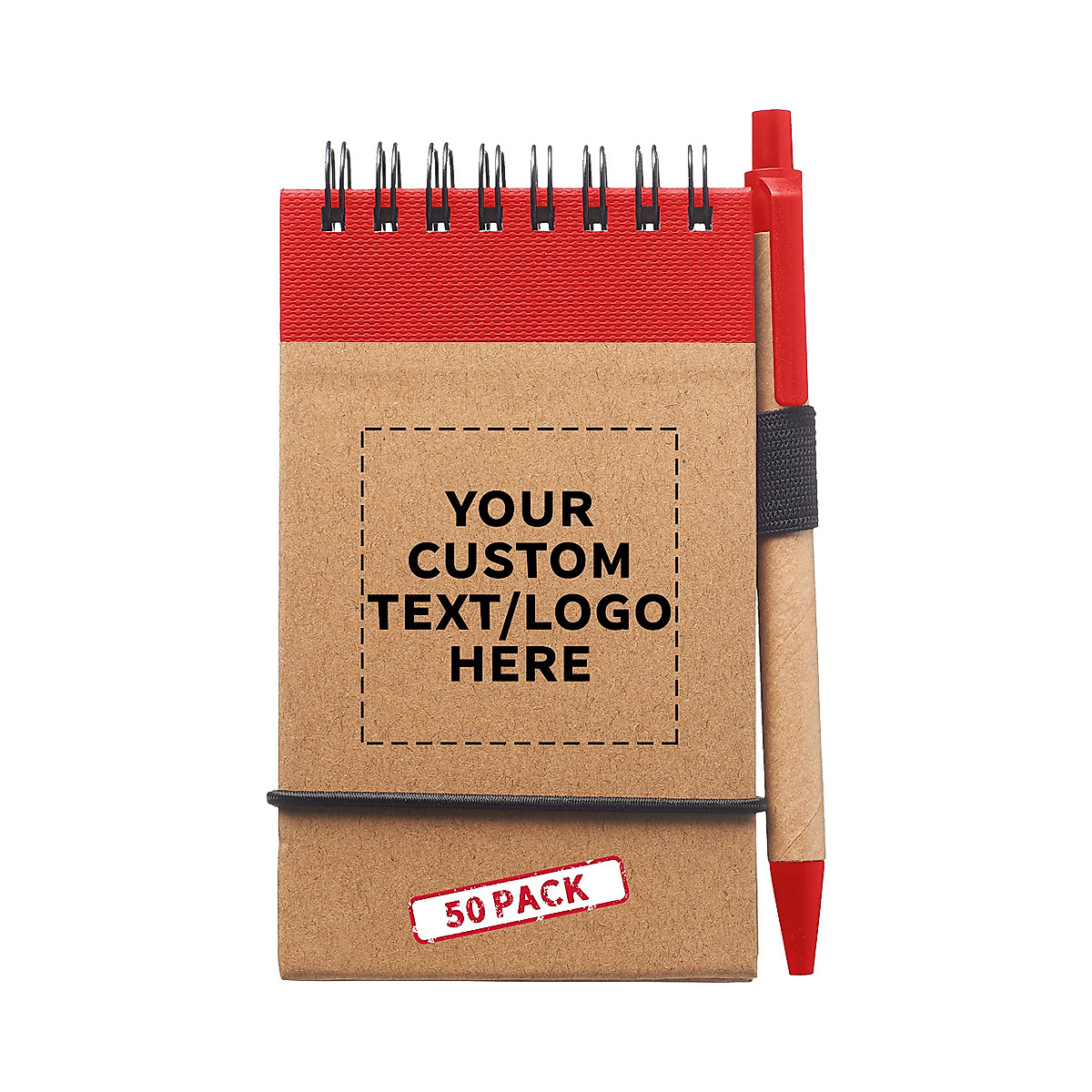 DISCOUNT PROMOS 50 ECO Jotters with Pen Set - Customizable Text, Logo - Recycled Paper, 3 x 5 inches, Minimalist, Handy - Red