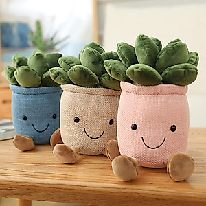 WUZHOU Tulip Plush Toy, 13.7" Flower Pot Stuffed Plushie Pillow Decoration, Soft Fluffy Toy Succulent Plants Friend Throw Pillow, Multicolor (Khaki-Succulent)