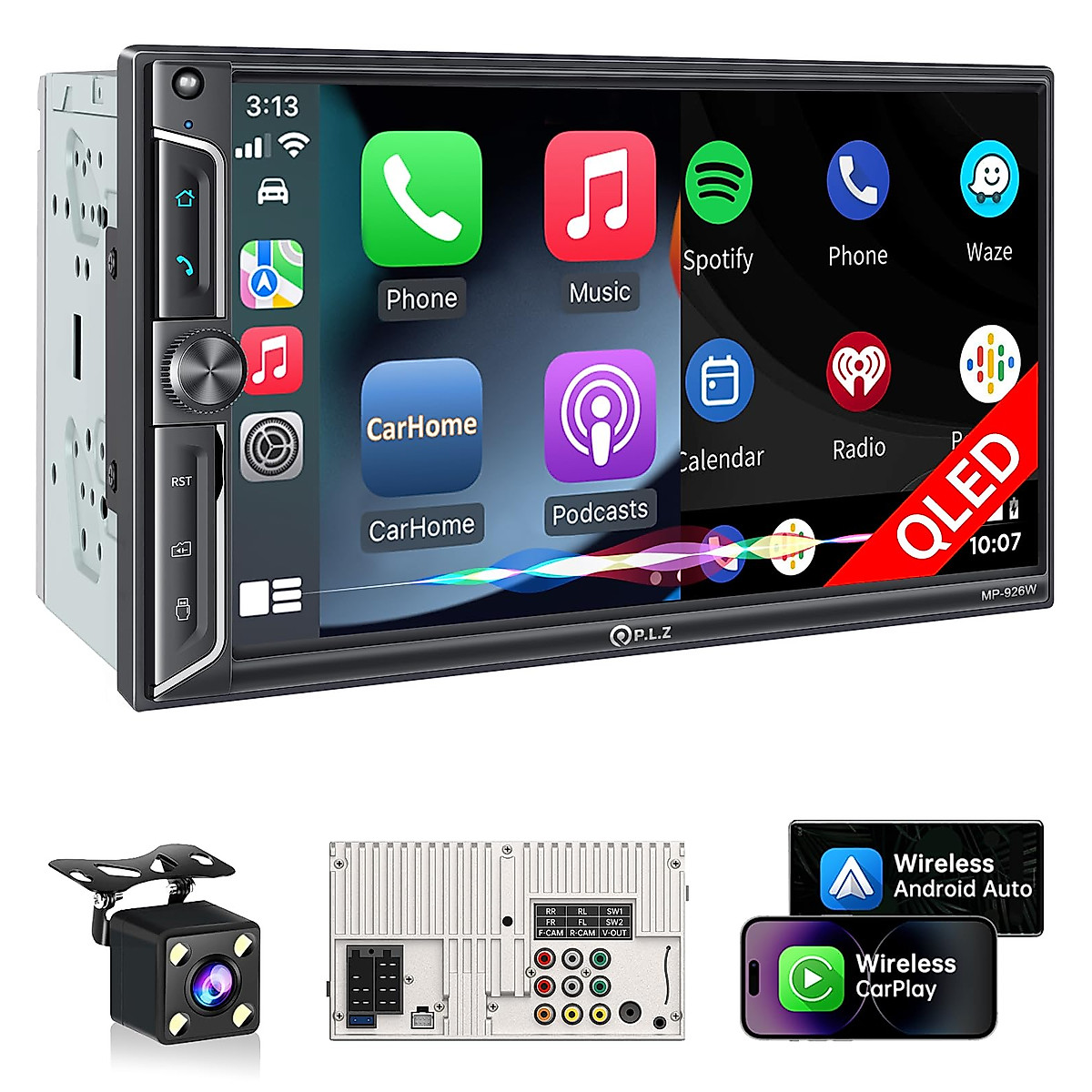 PLZ 7" Wireless Double Din Car Stereo Apple Car Play Radio Carplay Android Auto QLED Touch Screen, Bluetooth 5.3 Audio Receivers, 1080P Backup Camera, 4.2 Channel Outputs 240W, 2 Subwoofer, FM/AM, SWC