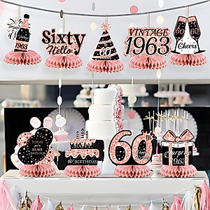 LITAUS, Rose Gold 60th Birthday Decorations Honeycomb Centerpieces for Table - Pack of 9 | 60th Birthday Table Decorations Women | Happy 60th Birthday Decorations
