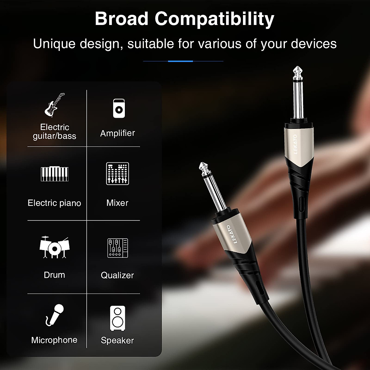 LEKATO Guitar Cable 1/4 Inch Professional Instrument Cable Electric Guitar AMP Cord, Straight to Straight Cord Compatible with Electric Guitar,Bass,Amp,Keyboard,Mixer(10ft