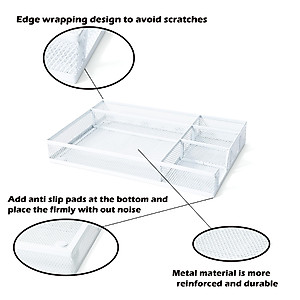 YFEEN Office Desk Drawer Organizer Tray, 5 Grid Mesh Utensil Drawer Organizer for Kitchen Drawer Silverware Tray& 1 piece of Plastic Drawer Organizer Kitchen Drawer Multi-use Storage Box,White