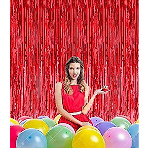 2 Pcs 3.2ft x 8.2ft Shiny Red Metallic Tinsel Foil Fringe Curtains Photo Booth Backdrop for Birthday Wedding Holiday Celebration Bachelorette Party Decorations (Red)