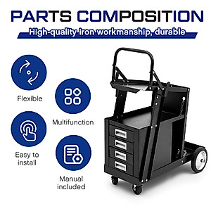 Therwen Welding Cart, 2 Tier Welder Cart with 4 Drawers, 396.8 lbs Weight Capacity, Heavy Duty Rolling Welder Cart on Wheels, Tank Storage Safety Chains for Welder and Plasma Cutter