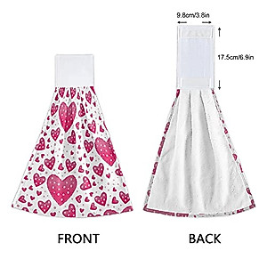 KOCOART Pink Hearts Dots Kitchen Oven Towels Mothers Valentines Day Holiday Hanging Hand Towel with Loop 2 Pieces Super Absorbent Dishcloth Fingertip Tea Bar Dish Towel for Bathroom Tabletop