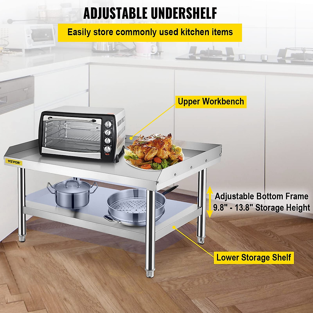 VEVOR Stainless Steel Equipment Grill Stand, 48 x 30 x 24 Inches Stainless Table, Grill Stand Table with Adjustable Storage Undershelf, Equipment Stand Grill Table for Hotel, Home, Restaurant Kitchen