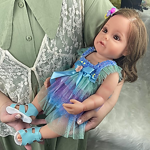 PLAYSKY Reborn Baby Dolls Girl, 22" Beautiful Lifelike Doll Full Body Vinyl Silicone with Long Hair for Kids, Realistic Newborn Baby Doll with Feeding Toy for Birthday Christmas
